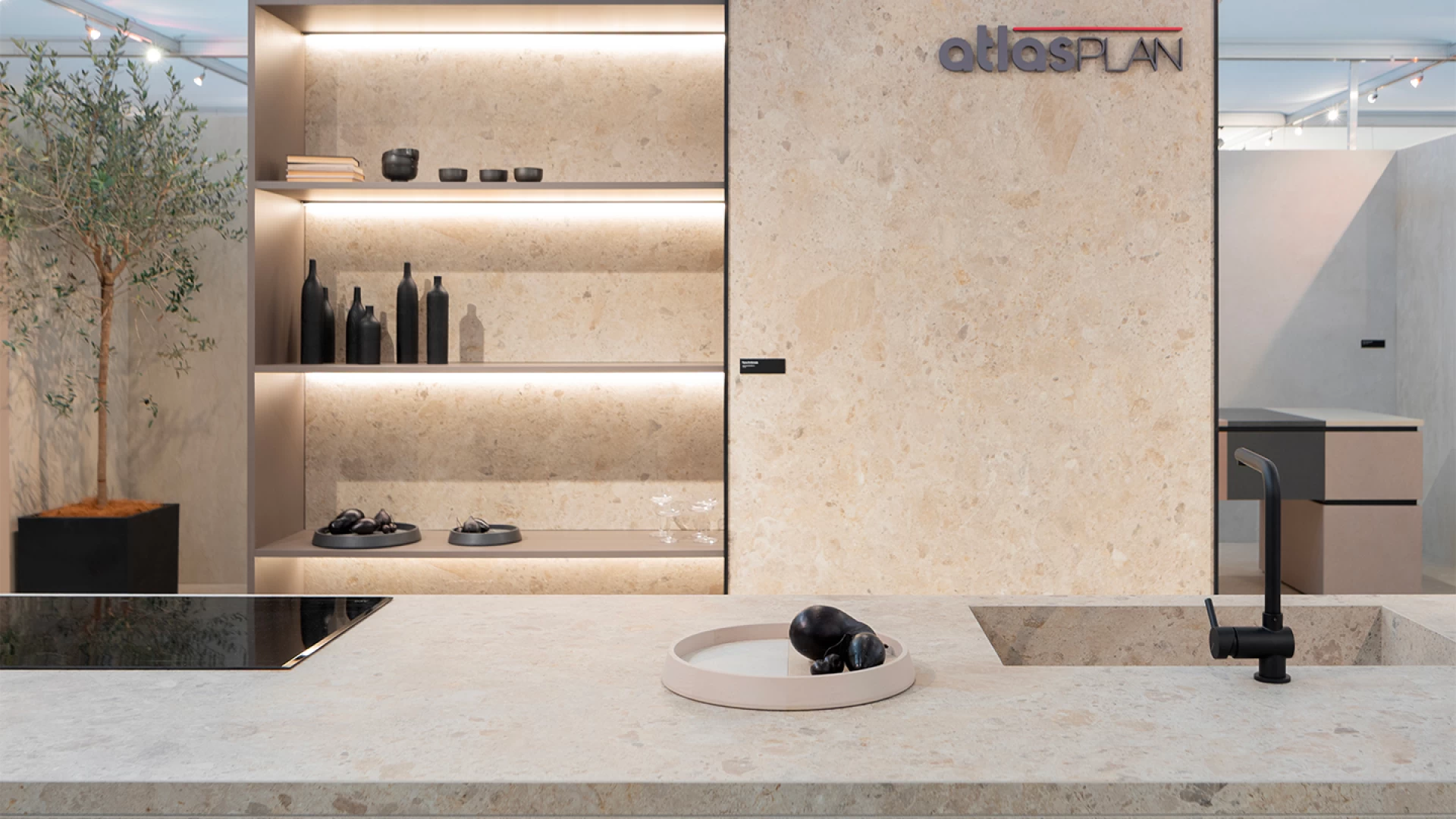 Atlas Plan: Italian porcelain slabs, large tiles for countertops