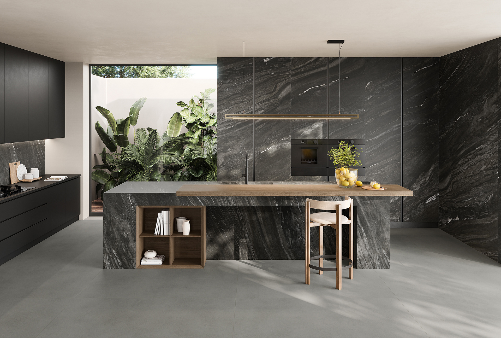 Black Tempest marble-effect black porcelain stoneware slab - Atlas Plan