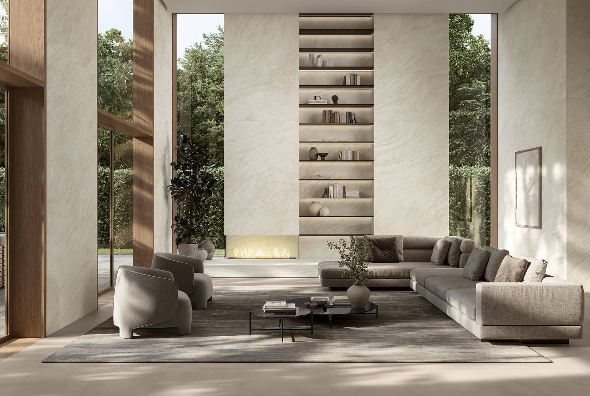 Halo White Travertine: white marble-effect stoneware slab - Atlas Plan