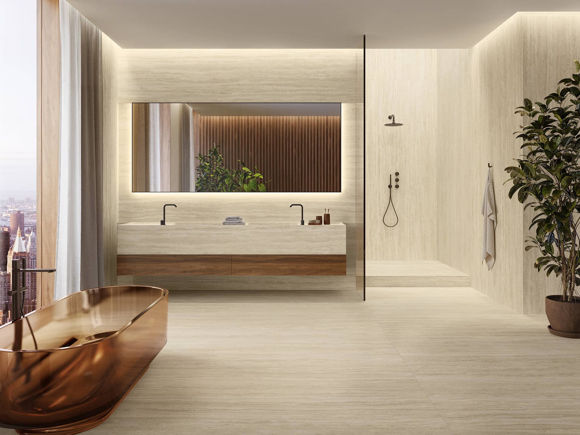 Travertino Romano Sand: lastra in gres effetto marmo beige - Atlas Plan