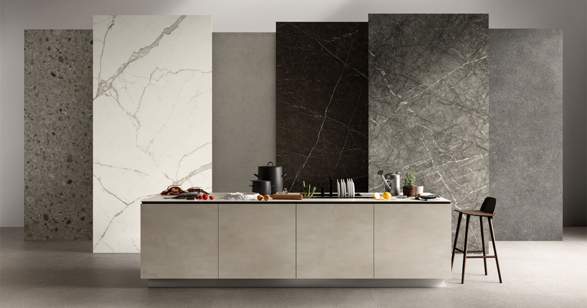 Atlas Plan: Italian porcelain slabs, large tiles for countertops